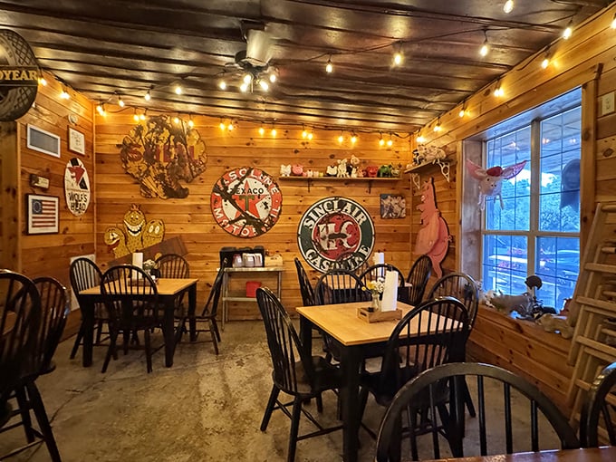 Vintage signs and warm lighting transform simple wooden walls into a museum of Americana where calories don't count and diet plans go to die.