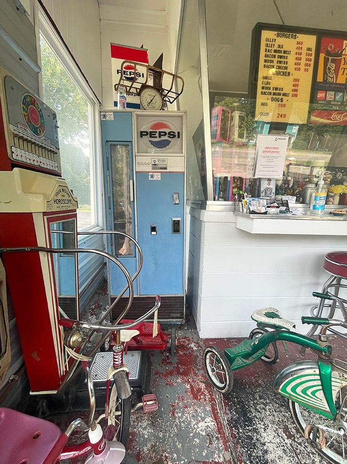 Vintage Pepsi machines and childhood tricycles—this place doesn't decorate with nostalgia, it simply never stopped living it.