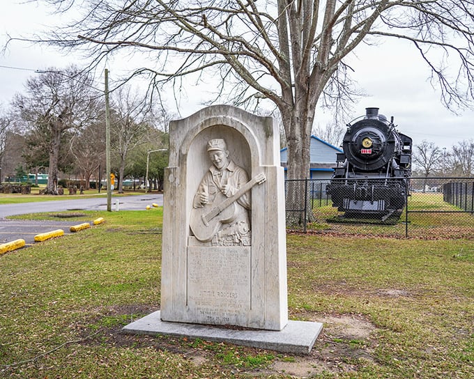 The Jimmie Rodgers memorial celebrates "The Father of Country Music" alongside a vintage locomotive—two pieces of Meridian heritage that transport you to simpler times.
