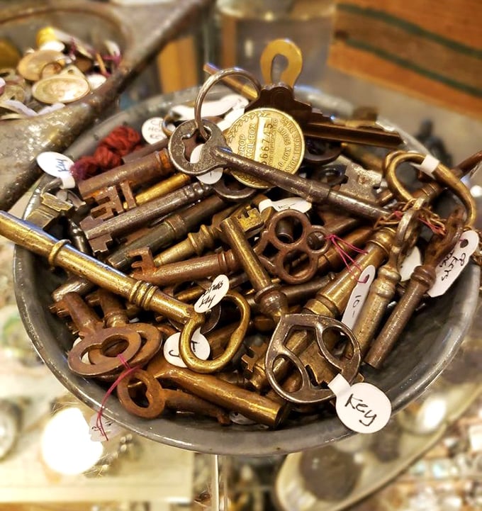 A bowl of skeleton keys—each one once unlocked something important enough to secure. Now they're waiting for their second act.