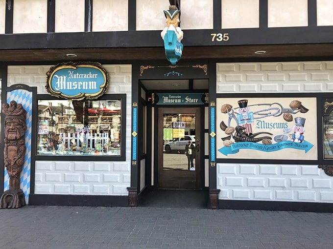 The Nutcracker Museum entrance promises a world of wooden wonders inside – from traditional soldiers to quirky characters that crack more than just nuts.