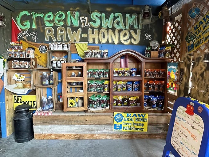 "Green Swamp Raw Honey" promises local sweetness with none of the processing – nature's candy displayed with all the pride of liquid gold.
