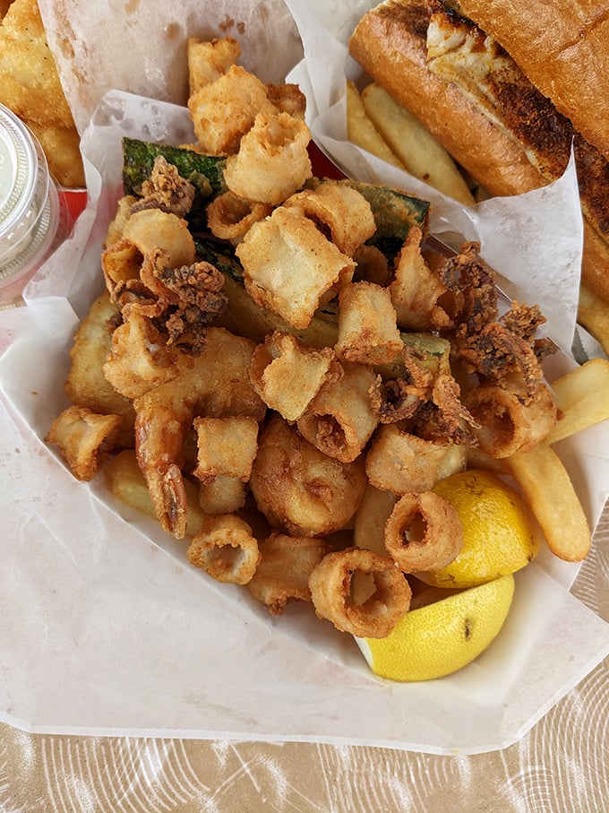 The Fishtrap Tempura platter—a crispy, golden treasure chest of seafood that makes sharing both necessary and slightly heartbreaking.