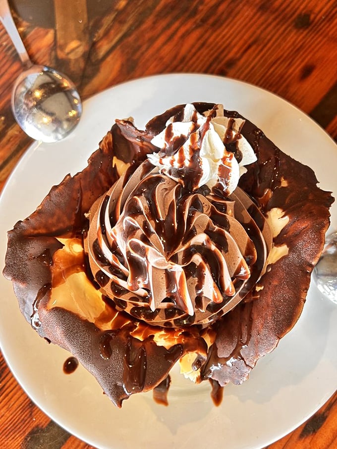 A chocolate dessert so dramatically constructed it deserves its own curtain call and possibly a Tony Award for Best Performance in a Dinner Finale.