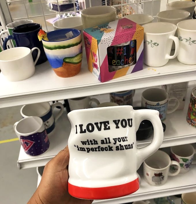 Mugs with personality! This "imperfeck" cup proves that even spelling errors can't diminish the charm of a thrift store find.