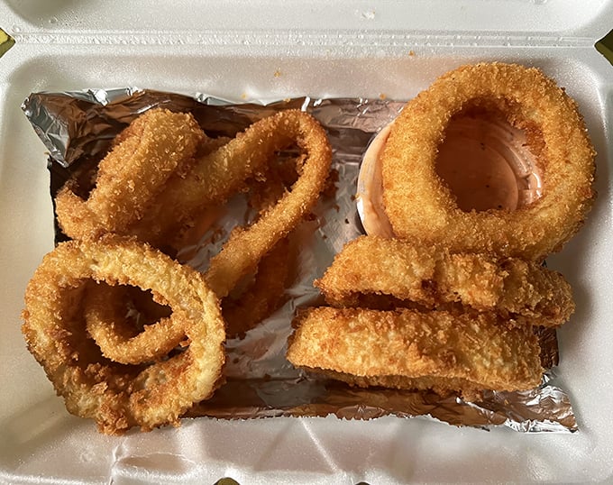 Golden halos of fried perfection. These onion rings aren't just a side dish—they're the supporting actors that deserve their own Oscar.