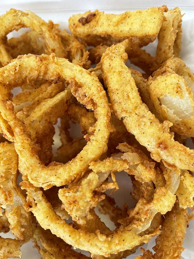 Onion rings with that golden-ratio batter-to-onion relationship. Crispy, not greasy – the kind that make you wonder why you ever order fries.