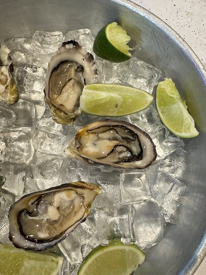 Fresh oysters on ice with lime wedges – nature's perfect appetizer, just waiting for a squeeze and a moment of appreciation.