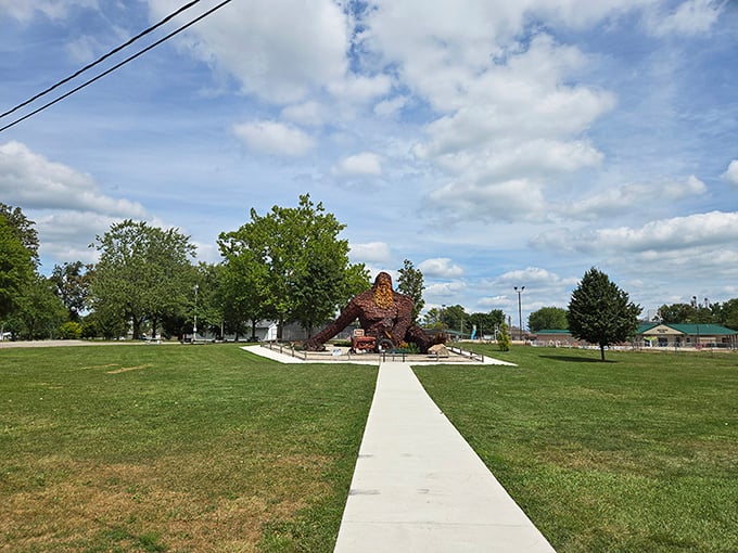 The path to enlightenment? In Celina, it's a concrete walkway leading straight to a lounging Sasquatch—a pilgrimage worth making.