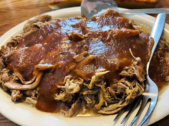 Slow-cooked pork swimming in rich gravy—fork-tender evidence that patience isn't just a virtue, it's a flavor enhancer.