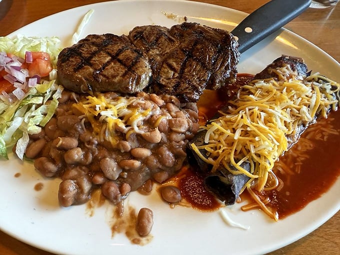 This plate doesn't mess around—prime rib meets enchiladas in a cross-cultural romance that proves some of the best relationships don't make sense on paper.
