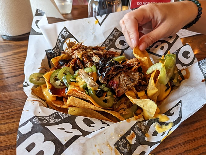Pulled pork nachos: where barbecue tradition meets snack food innovation. Those jalapeños aren't just garnish—they're exclamation points in a flavor sentence.