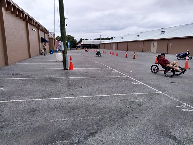 Between shopping sprees, visitors cruise the grounds on recumbent bikes. Who knew flea market transportation could be so stylishly laid-back?