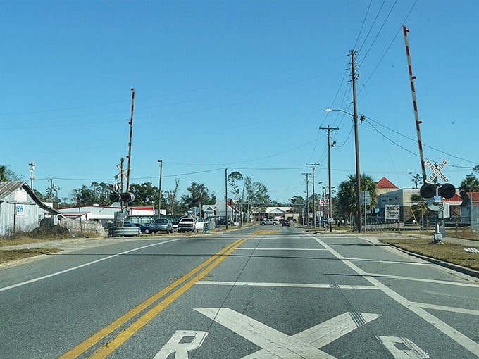 This railroad crossing reminds us that Perry is the kind of place where you might actually have to stop for a train—a charming inconvenience lost to big cities.