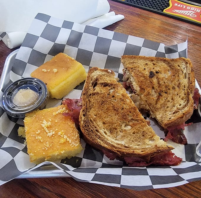 A proper Reuben should require both hands and make you forget about conversation for a moment. This one passes the test with flying colors.