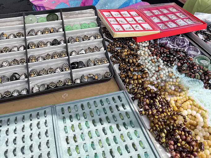 Treasure chests of the modern era—trays of rings and beaded accessories that would make a pirate reconsider his career choice.