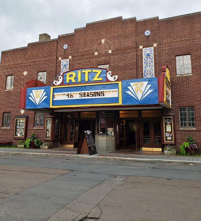 The Ritz Company Playhouse's vintage marquee promises entertainment the old-fashioned way—no streaming service required for this authentic experience.