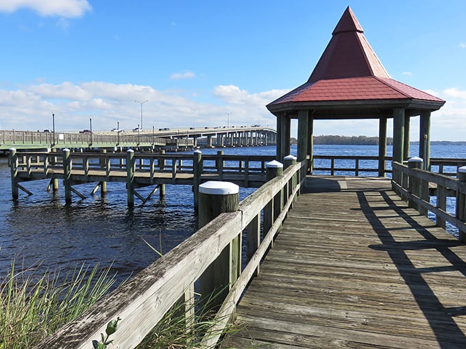 This wooden gazebo at the end of the dock invites contemplation, offering shelter and a perfect vantage point for watching the St. Johns flow by.