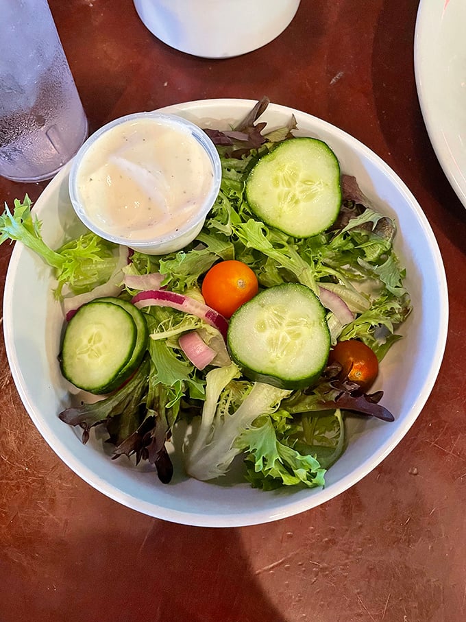 Even the salads show thoughtful preparation—crisp greens, fresh vegetables, and house-made dressing offering a lighter counterpoint to heartier Irish fare.