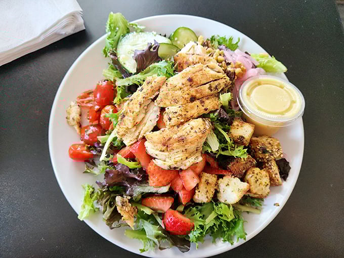 A salad that actually looks like something you'd want to eat – fresh, colorful, and protein-packed – the unicorn of lunch options.