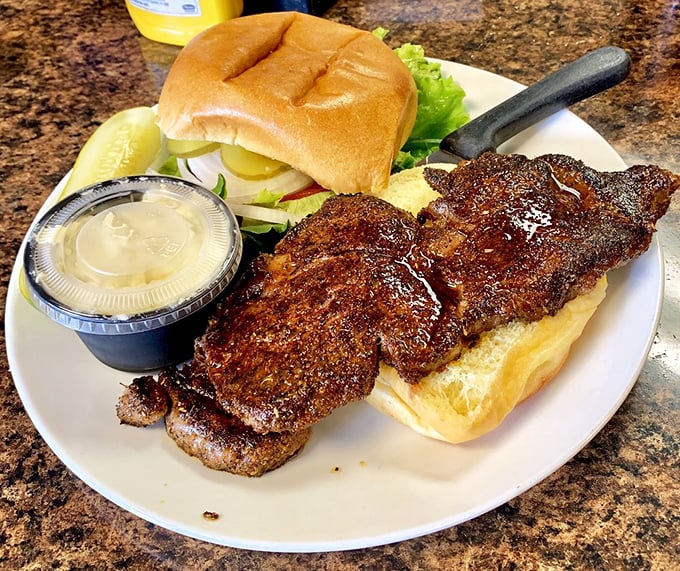 A steak sandwich that means business—seasoned, seared, and served with the confidence of something that knows exactly how good it is.