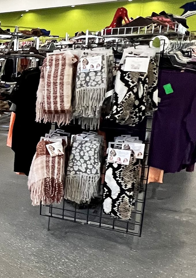 Scarves with personality hanging like colorful flags of fashion nations. That animal print number could transform a basic outfit into something spectacular.