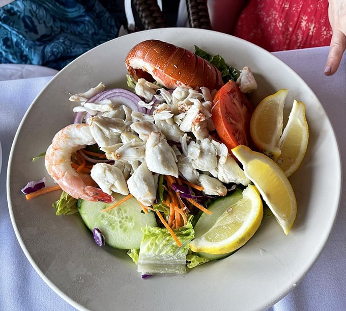 A seafood salad that makes eating greens feel like a reward rather than a responsibility. Fresh crab and shrimp turn lunch into a celebration.