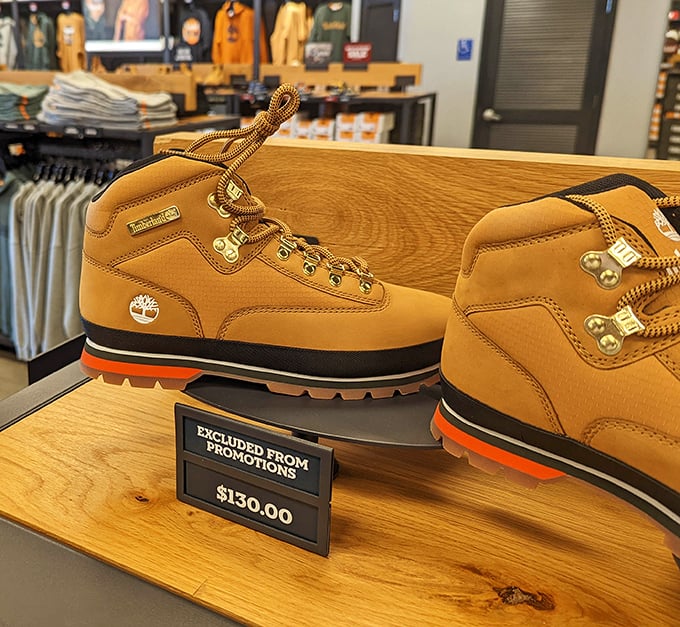 Classic Timberland boots standing at attention. These aren't just shoes—they're an investment in your adventure portfolio.