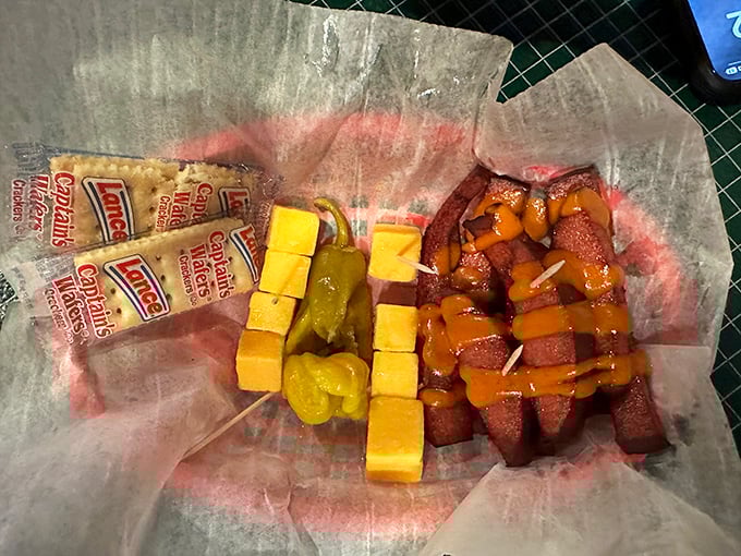 Smoked bologna with cheese cubes and pickles—the lunch box of your childhood dreams all grown up and living deliciously.