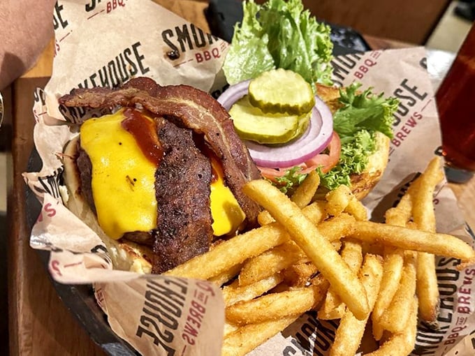 The burger that launched a thousand road trips – crowned with melted cheese and bacon that should have its own Instagram account.