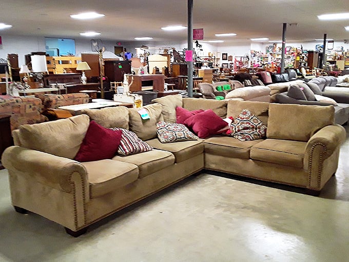 This sectional sofa has seen things—TV dinners, family movie nights, and probably the entire run of "Dallas"—and lived to tell.