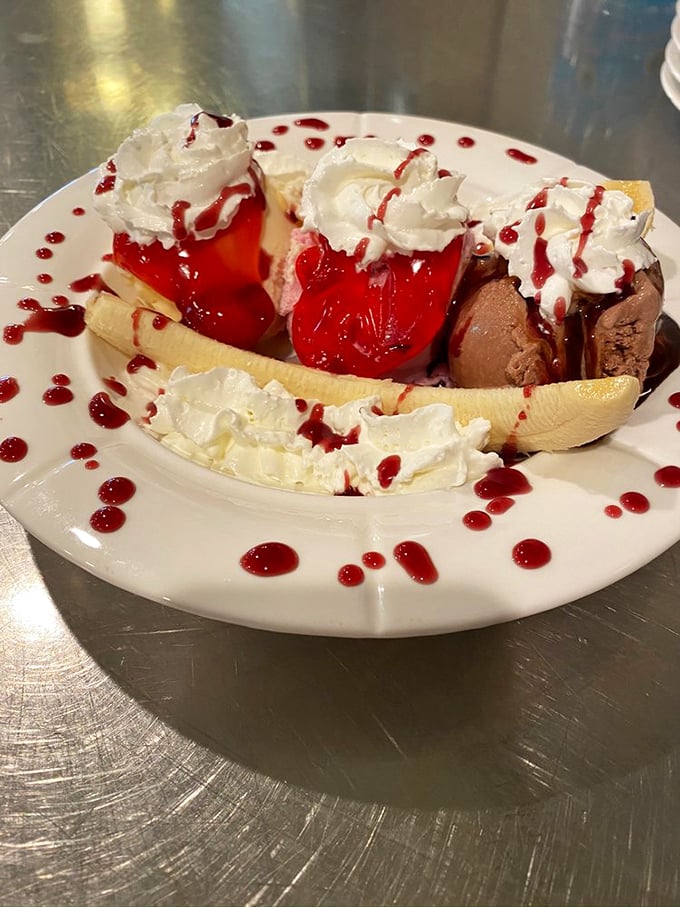 A banana split that's dressed for the red carpet, complete with chocolate ice cream and enough whipped cream to make your inner child giggle.