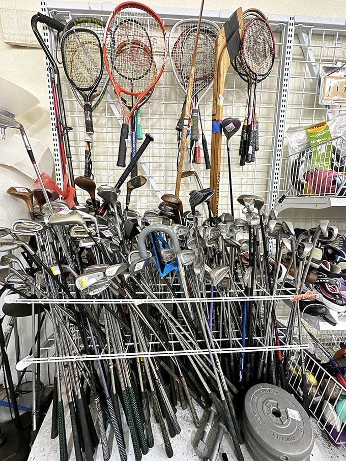 Tennis rackets and golf clubs stand ready to support your latest fitness resolution at reasonable prices.