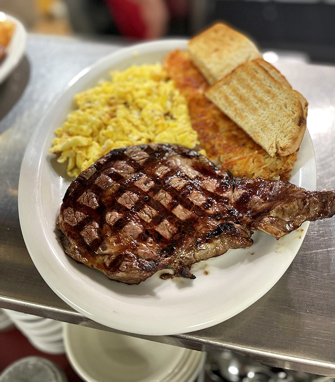 Steak and eggs done right – char marks included, no fancy foam or microgreens necessary.