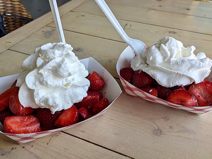 Fresh strawberries nestled under clouds of whipped cream – nature's perfect dessert that somehow tastes even better when eaten at a weathered wooden table in Burgaw.