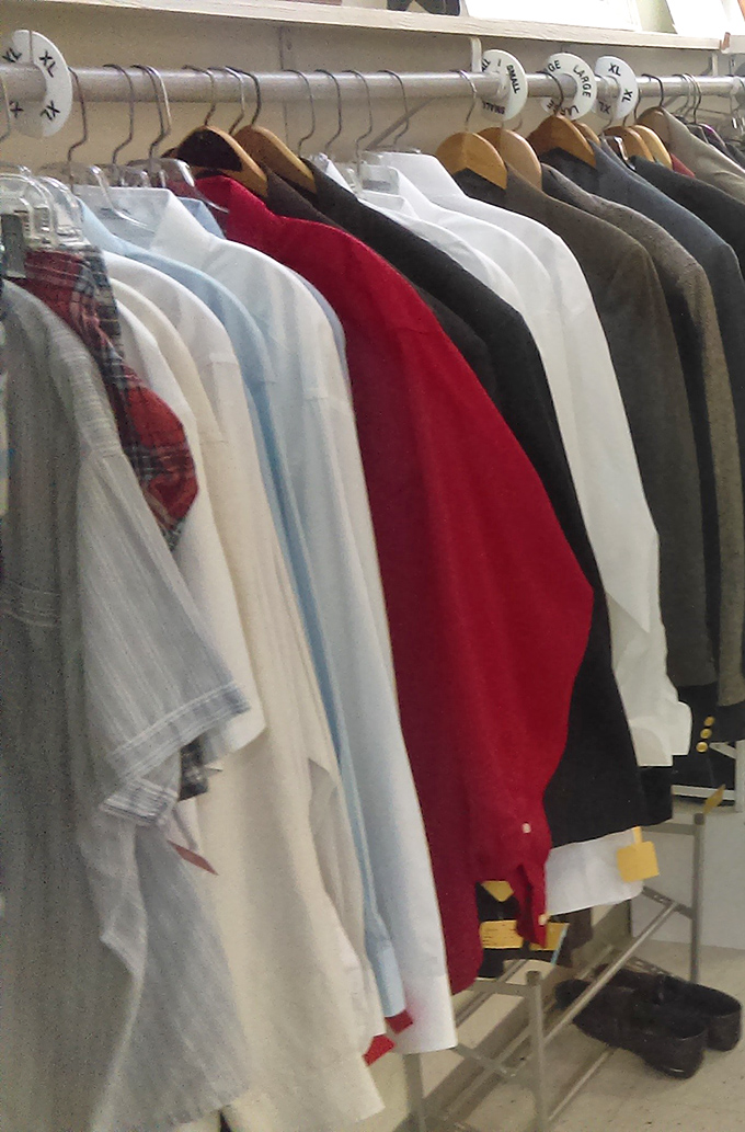 Men's shirts organized by size and color—a rarity in thrift stores that makes shopping efficient and almost suspiciously pleasant.
