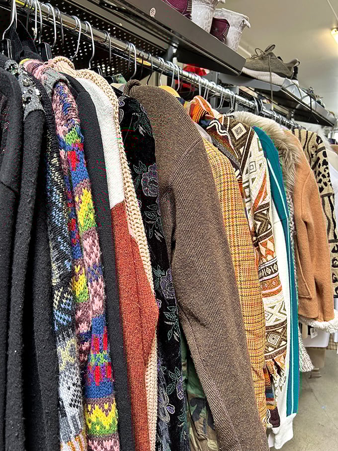 Textile treasure trove! From funky patterns to classic tweeds, these hanging wonders tell stories of previous lives while awaiting new adventures.