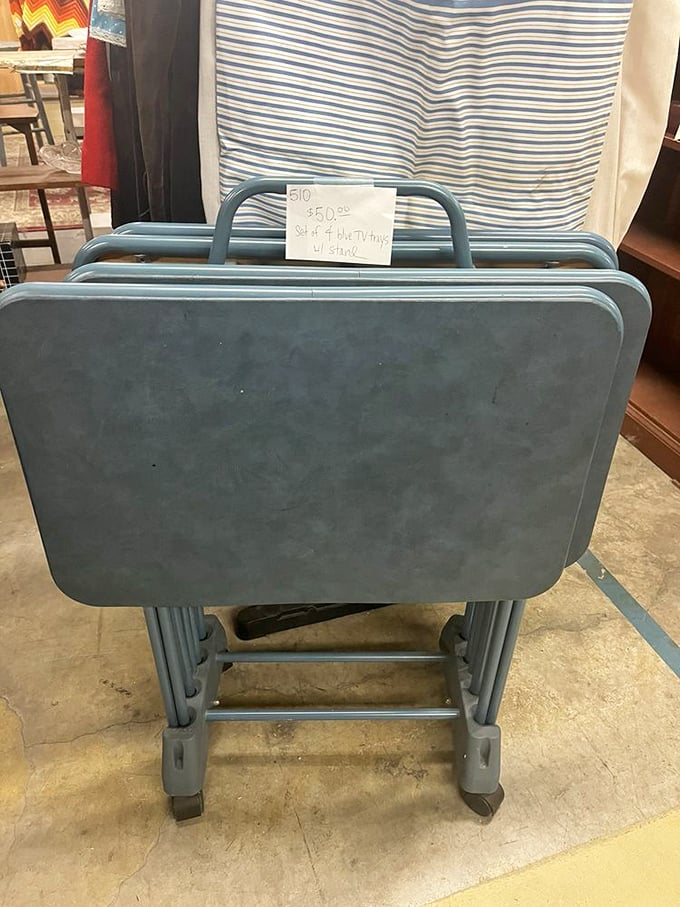 Remember when TV dinners meant actual TV trays? These folding blue beauties are ready for your next Netflix marathon or retro dinner party.