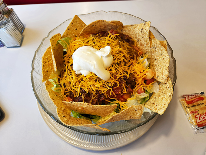 Taco salad served in its edible fortress of crispy tortilla—where Midwest meets Southwest in a delicious cultural exchange program.