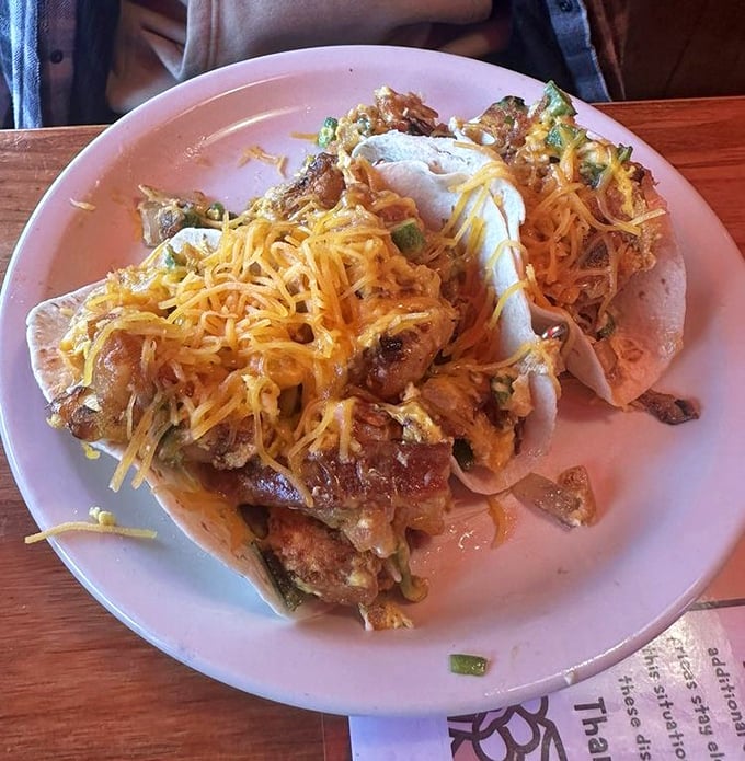 Breakfast tacos that blur the line between morning and afternoon meals—proof that good ideas know no time constraints.