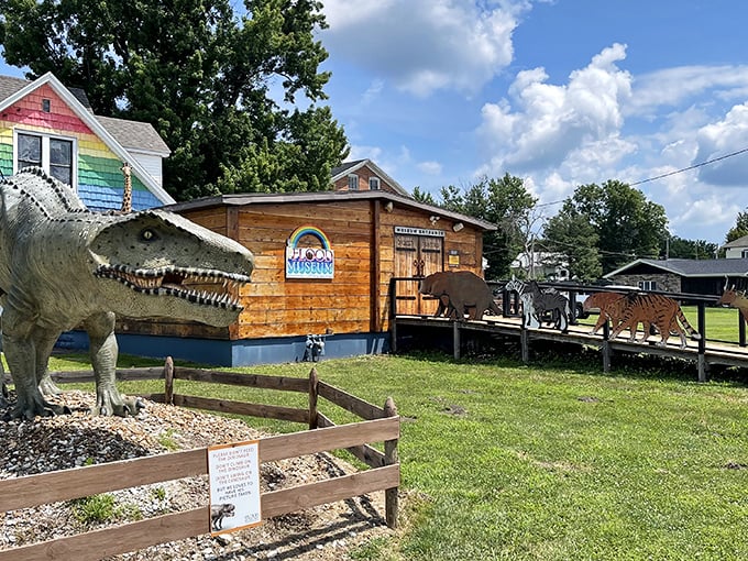 That dinosaur statue is having more fun than most of us on a Monday morning, and good for him.