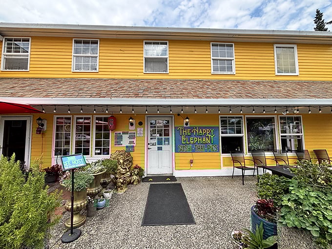 The Happy Elephant's sunny yellow facade is like a smile on Laneda Avenue—proof that good food and good vibes often come in colorful packages.