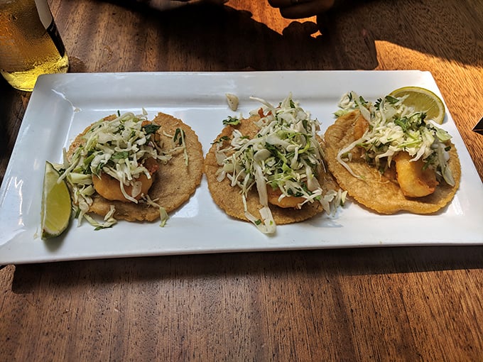 Three fish tacos lined up like old friends at a bar—each one topped with a crisp slaw that adds both crunch and a fresh counterpoint.