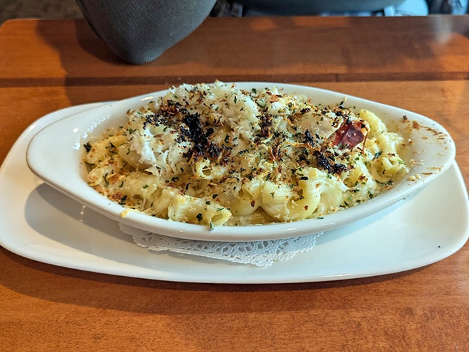 Truffle crab mac and cheese—where comfort food puts on its fancy pants but still remembers where it came from.