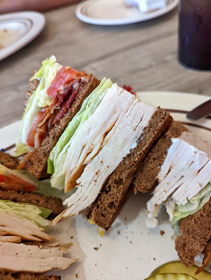 This club sandwich isn't playing around—layers upon layers of turkey and bacon creating the skyscraper of lunch architecture.