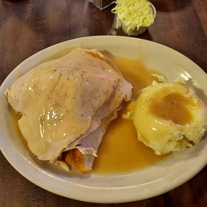 Turkey and mashed potatoes swimming in gravy—Thanksgiving without the family drama, available whenever the craving strikes.