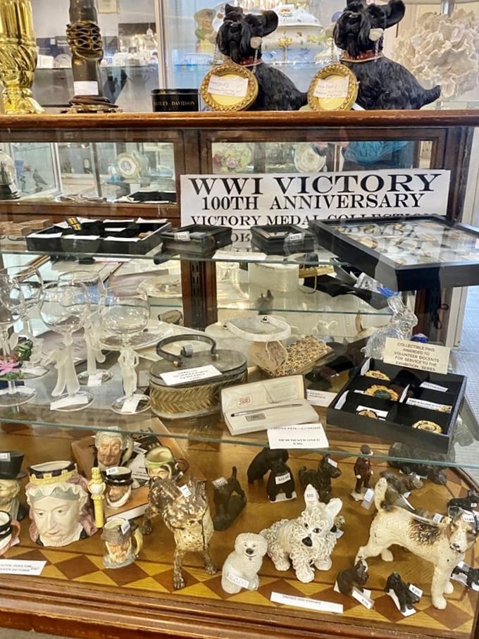 A cabinet of curiosities where WWI medals share space with vintage Scottie dog figurines. History and whimsy coexist in glass cases throughout Sheffield.