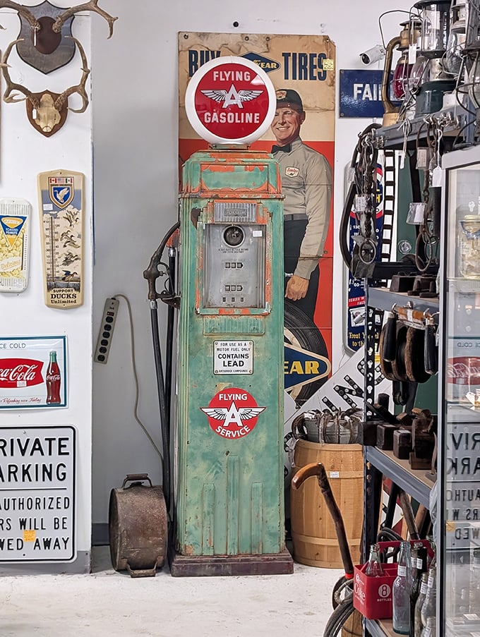 Remember when gas station attendants wore uniforms? This vintage pump has seen more road trips than Jack Kerouac himself.