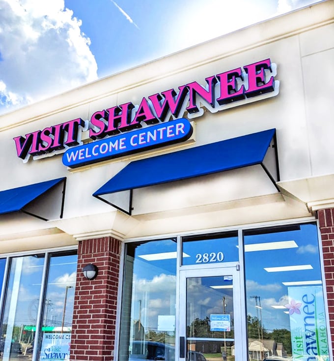 The Welcome Center's bright signage practically shouts "Howdy!" – the first hint that Shawnee hospitality comes without pretense.