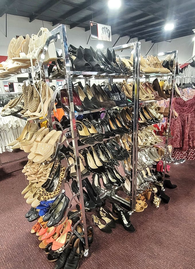 The shoe carousel spins with possibilities – Cinderella had one slipper, you get hundreds to choose from.